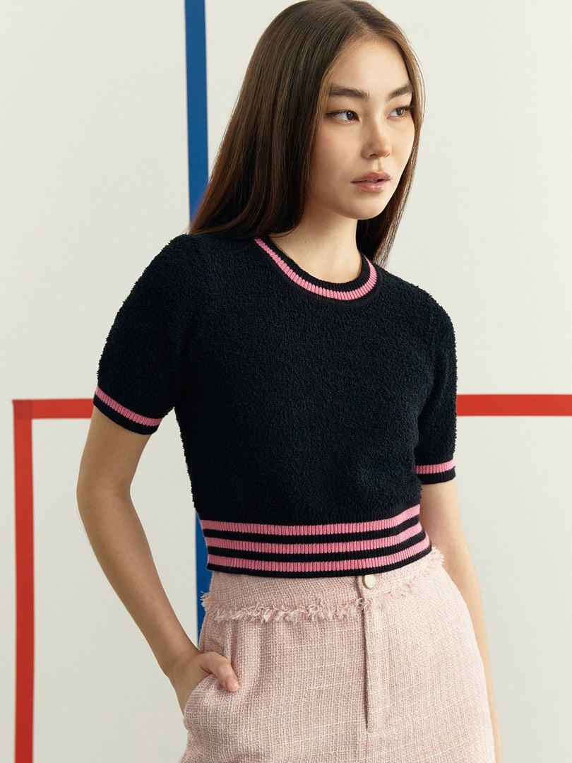 Knit Hitam Pink Pomelo, Fesyen Wanita, Pakaian Wanita, Atasan di Carousell