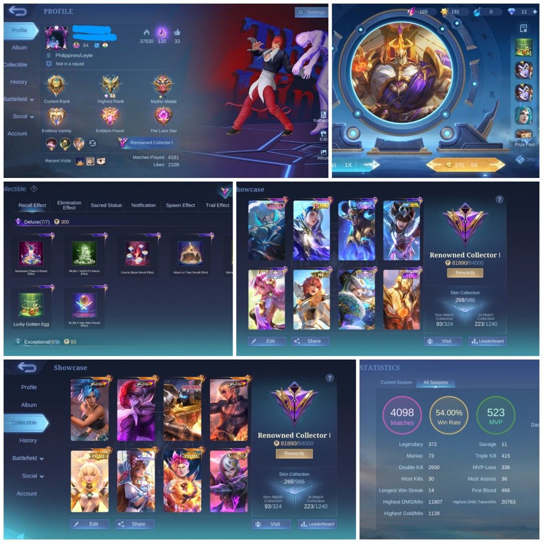 Mobile legend account(kof chou, kof gusion, collector benedetta, transformer roger,prime claude ...