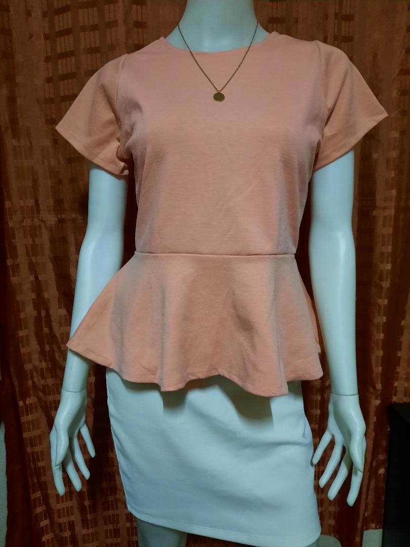 Peach pink Peplum top with ribbon at the back, Women's Fashion, Tops ...
