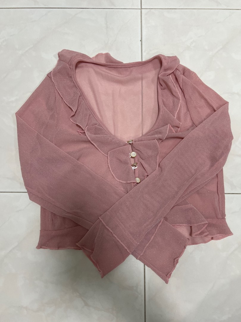 Pink Sheer Ruffle Top, Women's Fashion, Tops, Blouses on Carousell