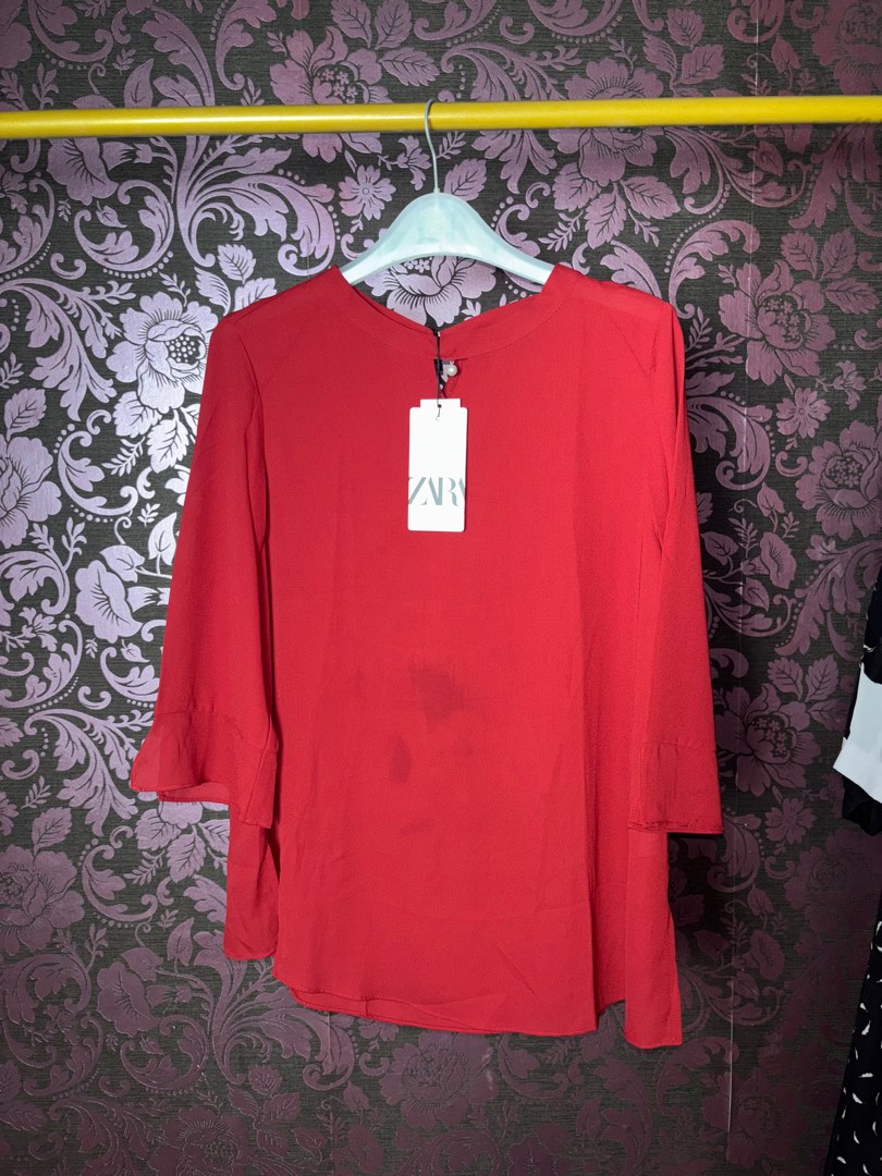 (NEW) ZARA WOMAN Blouse Chiffon Vintage Red Merah Kemeja, Fesyen Wanita ...