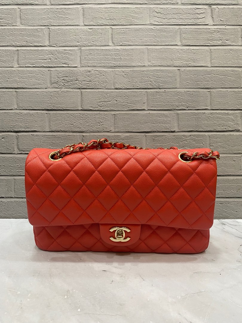 CHANEL Classic medium caviar double flap Pink Salmon LGHW #31 Size 25 x ...