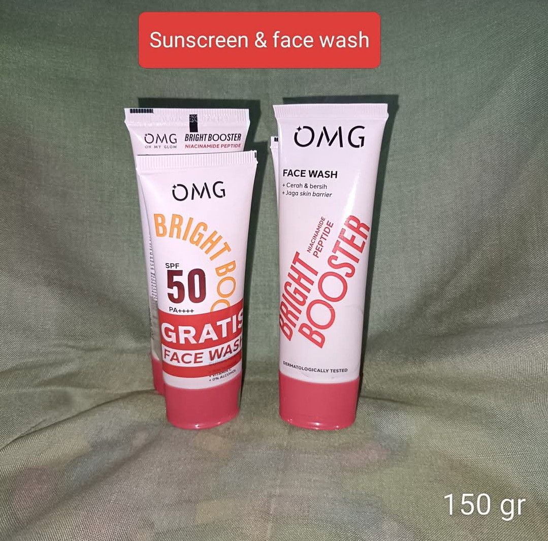 New paket OMG sunscreen bright booster & face wash, Kesehatan ...