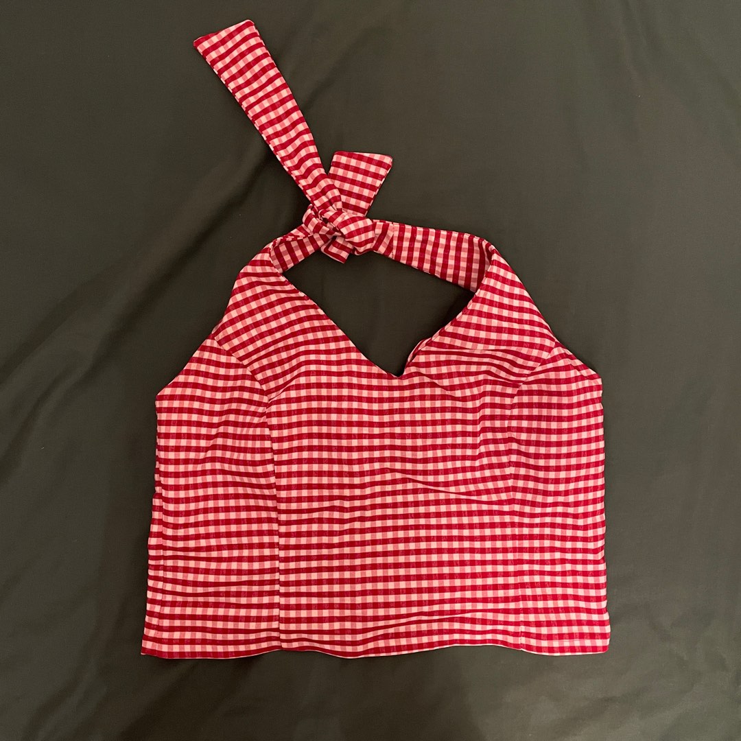 Red Gingham Crop Tie Ribbon Halter Top Y2K Cowgirl Stripes, Women's ...