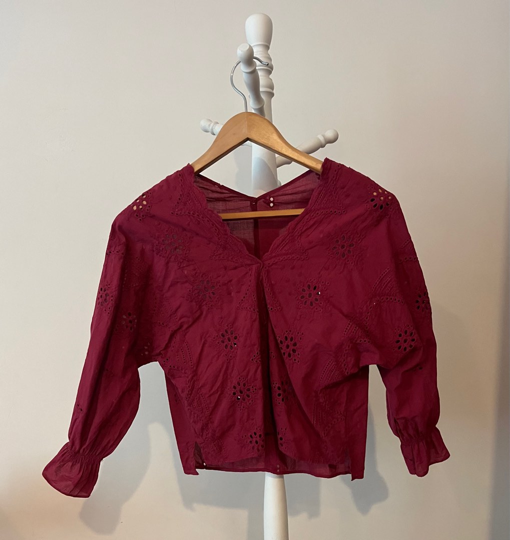 Eyelet red top, Women's Fashion, Tops, Blouses on Carousell
