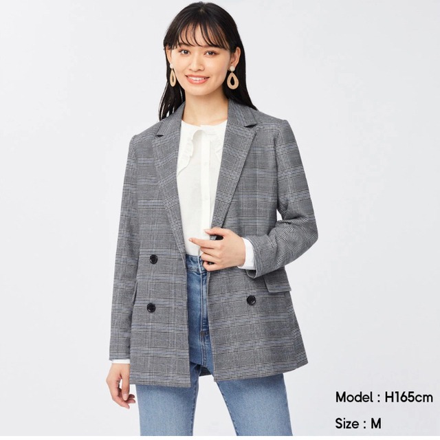 GU (Uniqlo) Women's Double-breasted tailored jacket (check) (M/gray ...