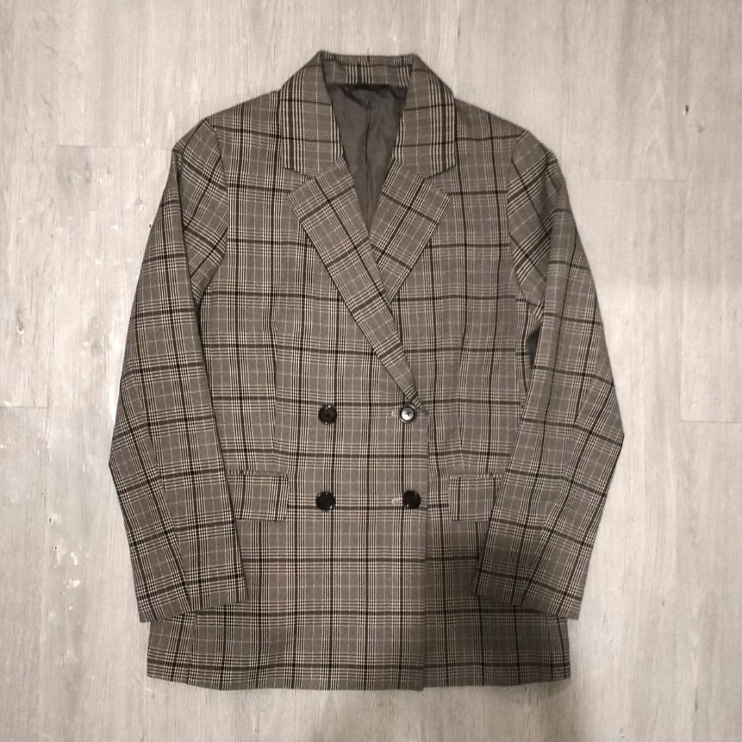 GU (Uniqlo) Women's Double-breasted tailored jacket (check) (M/gray ...