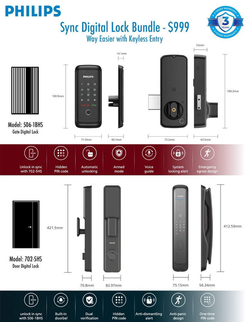 Philips EasyKey DDL702-5HS Palm Vein Smart Door Lock Digital Lock/ Gate ...