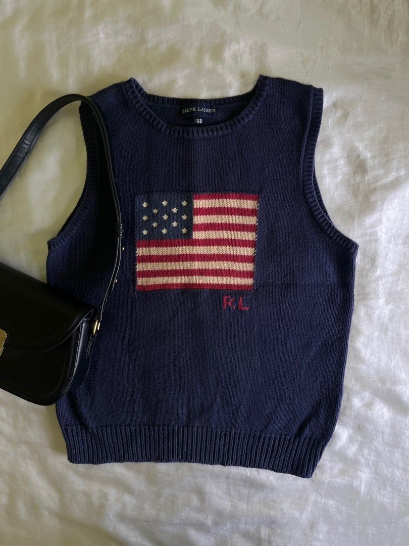 ralph lauren dark blue flag intarsia vest, Women's Fashion, Tops ...