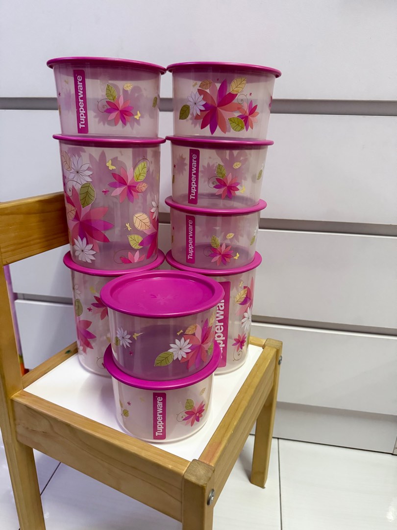 Tupperware One Touch Pink Blossom Airtight Canister, Furniture & Home ...