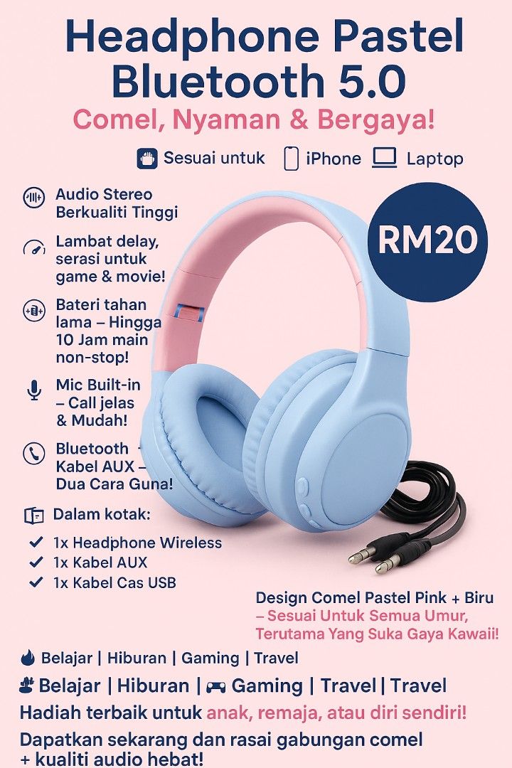 Headphone Pastel Bluetooth v5.4, Audio, Headphones & Headsets on Carousell