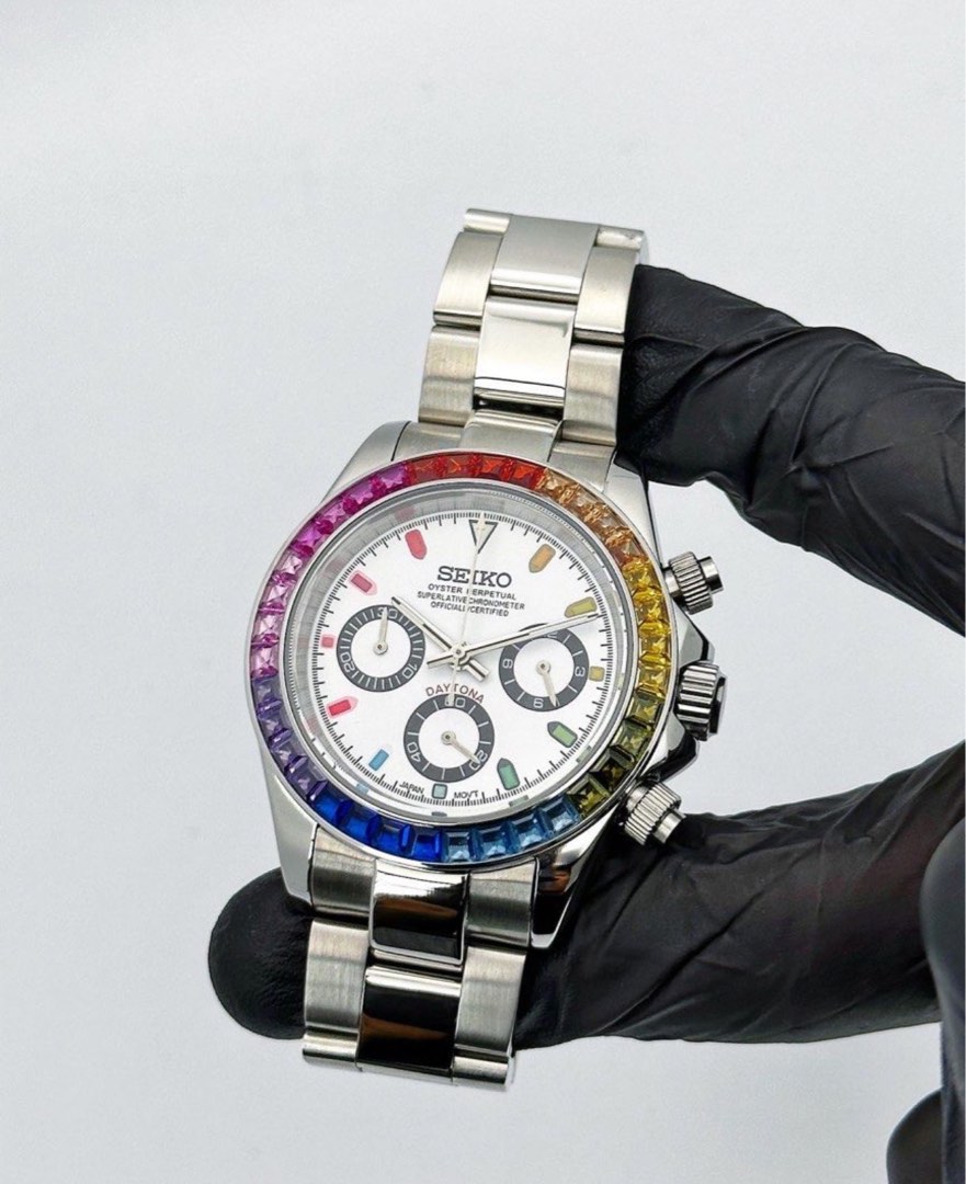 Custom Seiko Mod White Double Rainbow Steel Daytona Quartz Chronograph ...