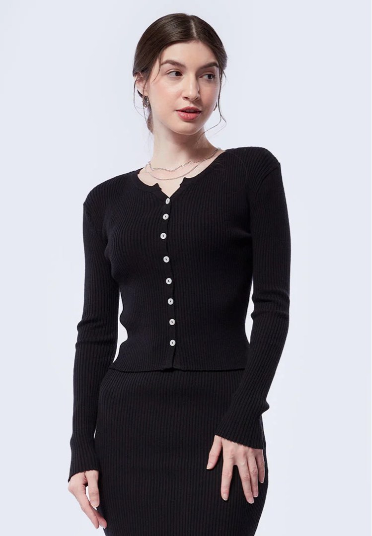 Executive Button Up Rib Knit Cardigan black, Fesyen Wanita, Pakaian ...