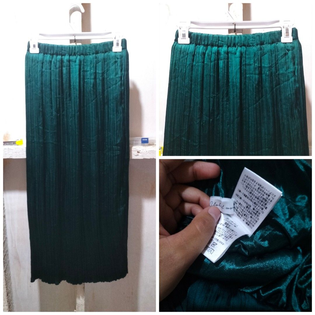 GLOBAL WORK JAPAN PLEATED SKIRT SATIN SPAN EMERALD ZARA LOOK A LIKE ...
