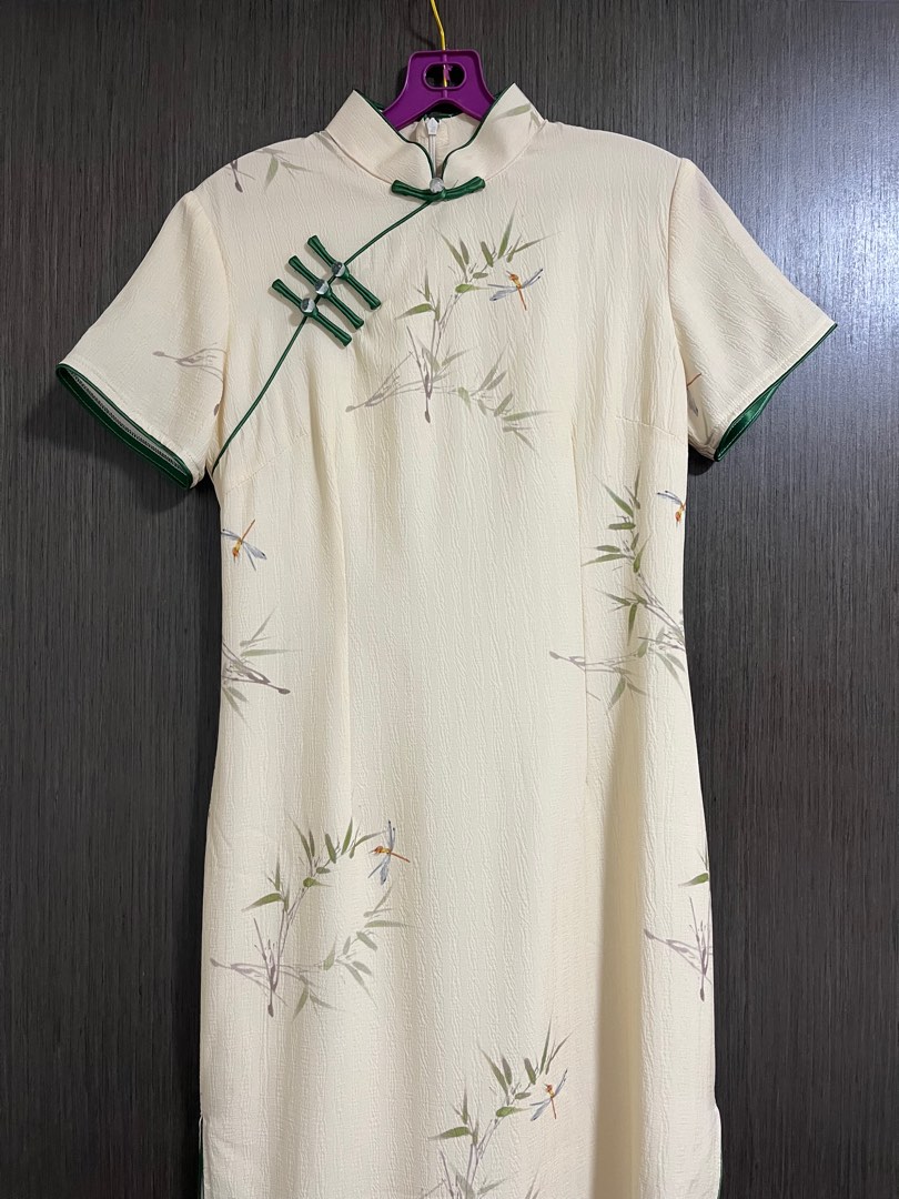 Vintage Cream Cheongsam Dress with Bamboo Print, Women's Fashion ...