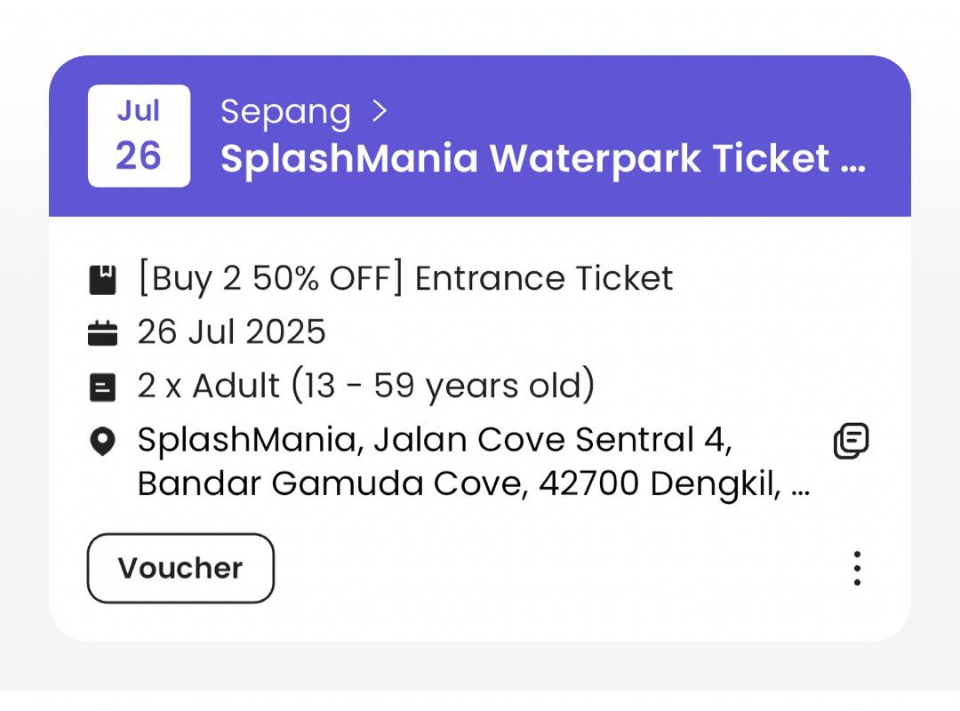 2x SPLASHMANIA WATERPARK TICKET (50% OFF), Tickets & Vouchers, Local ...