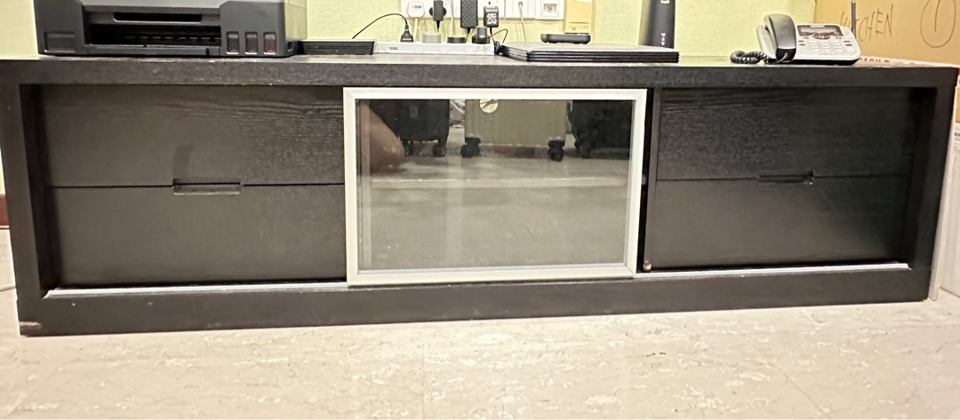 Black TV Console with Sliding Glass Door, Furniture & Home Living ...