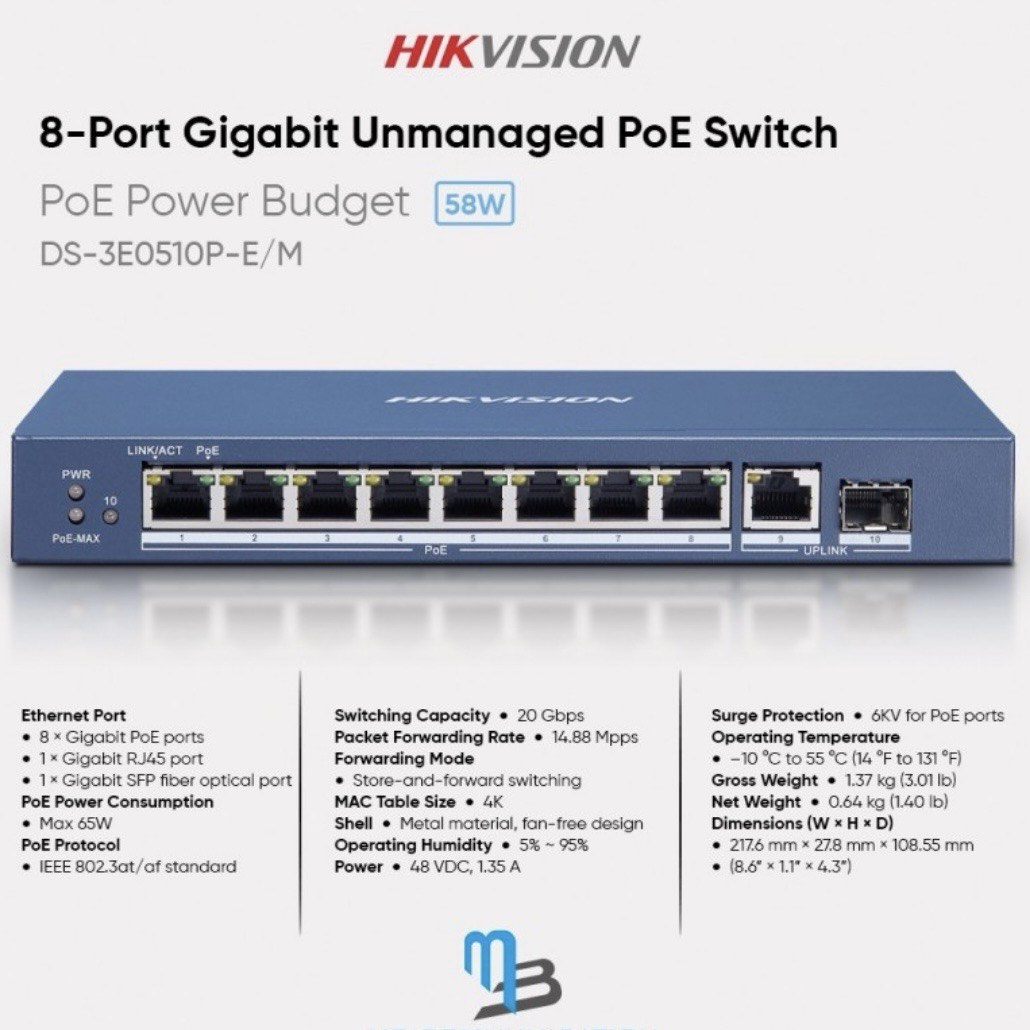 Hikvision 10 Port Gigabit Unmanaged Hi-PoE Switch (DS-3E0510P-E ...