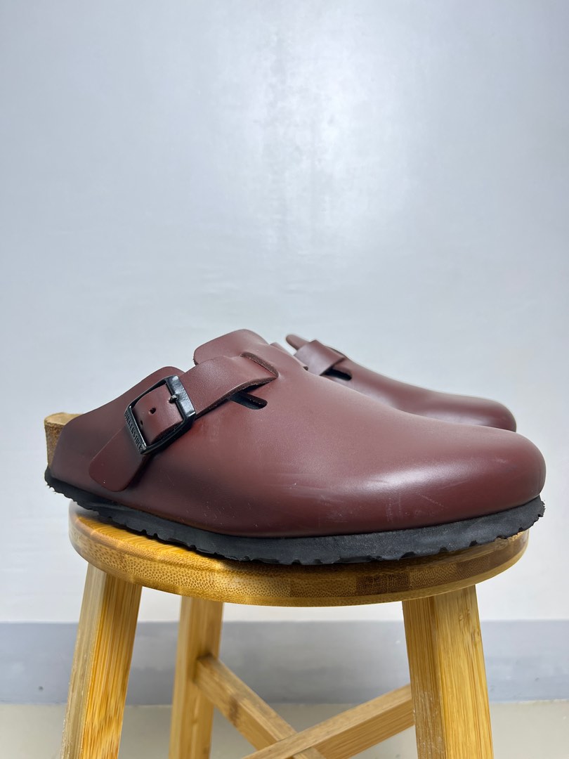 Birkenstock Maroon Boston Leather Clogs, Men's Fashion, Footwear ...