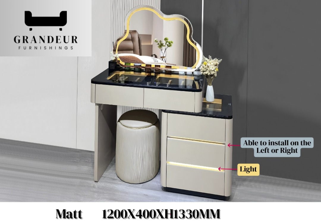 Elegant Beige Dressing Table with LED Lights and Cloud-Shaped Mirror ...