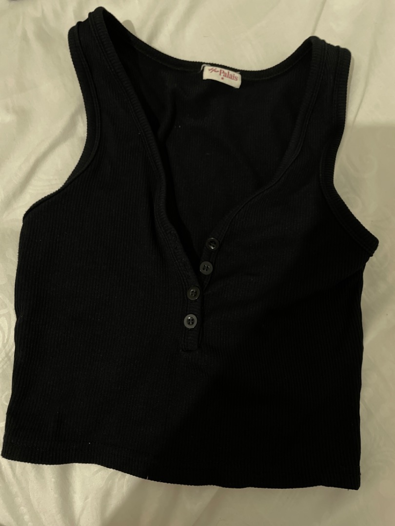 Herpalais black button tank top ribbed basics hitam crop, Fesyen Wanita ...