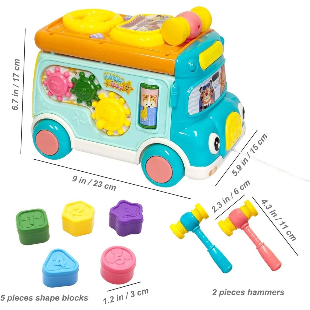 Music Activity Bus Baby Toy with Sound & Light Shape Sorter Whack-a-Mole Toys Interactive Game ...