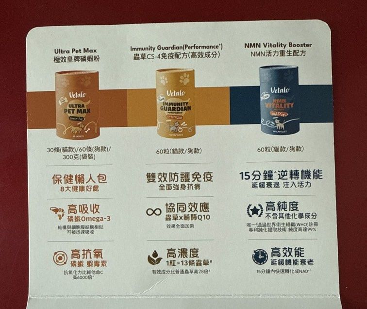 Vetalo by Catalo 寵物健康補充劑 sample 試用裝 體驗裝 極限王牌磷蝦粉2.5g 蟲草CS4免疫配方1粒 NMN活力重新 ...