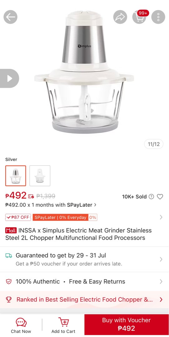 INSSA x Simplus Electric Meat Grinder Stainless Steel 2L Chopper ...