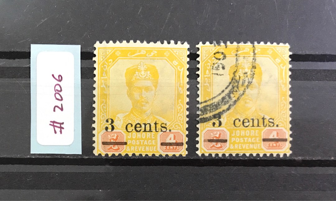 Malaya Johore surcharge stamps x 2pcs, "3 Cents." overprint on 4c ...