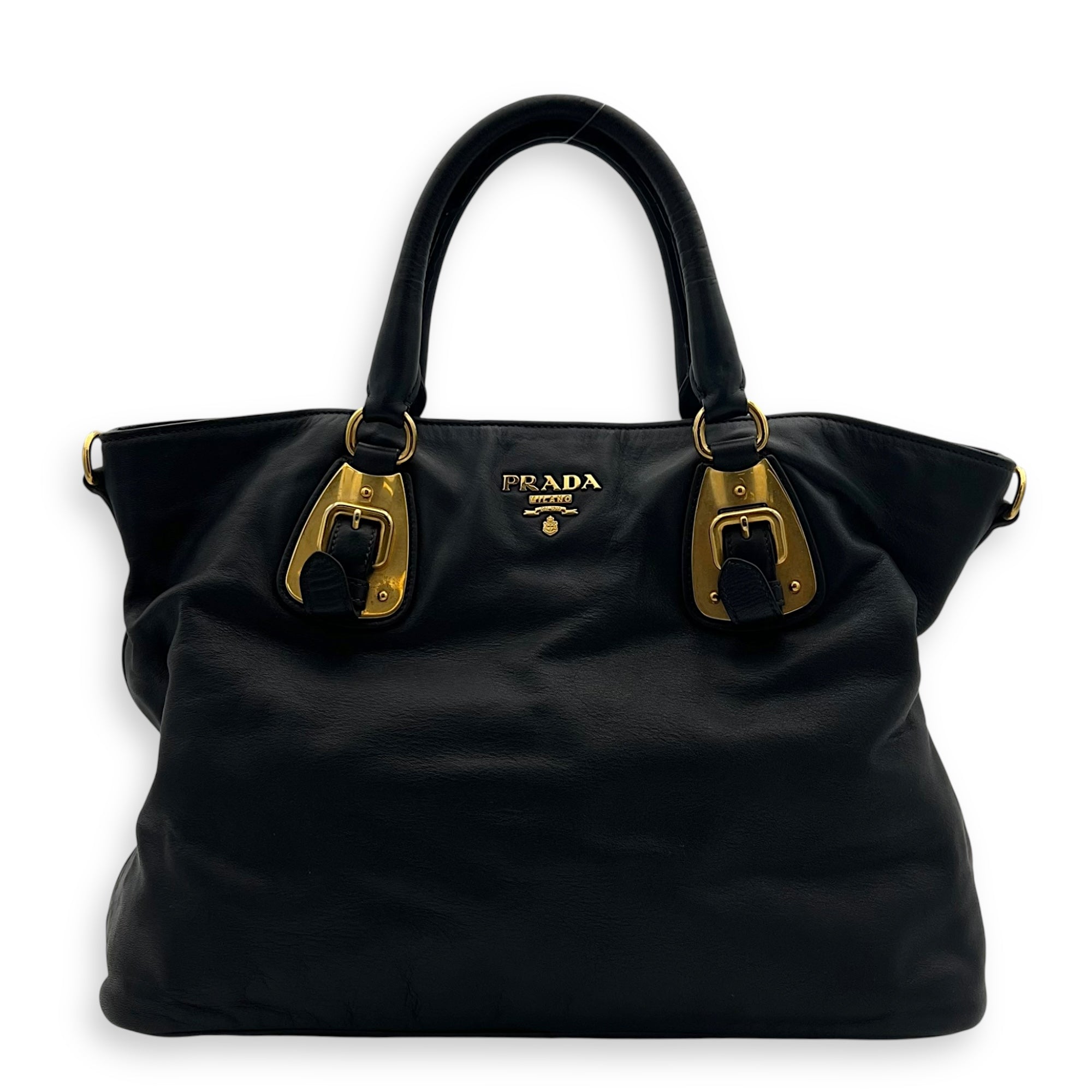 Prada Logo Top Handle Bag Black in Calfskin, Gold hardware, Luxury, Bags & Wallets on Carousell