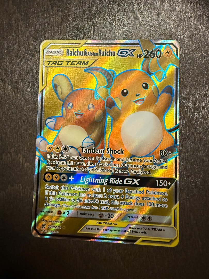 Raichu & Alolan Raichu GX 220/236 Unified minds tag team Pokemon tcg ...