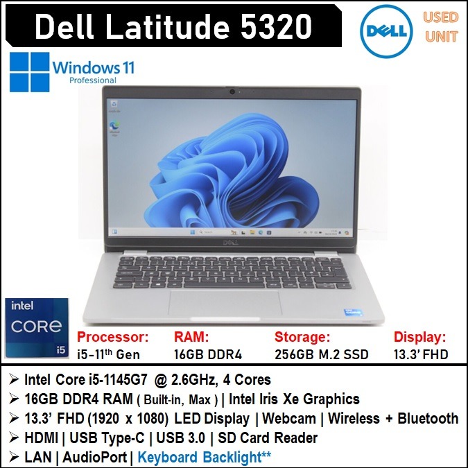 [USED] Dell 5320 Intel i5-11th Gen @ 2.60GHz 16GB RAM 256GB SSD 13.3 ...