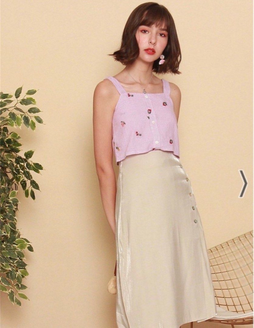 ACW Gingham Embroidery Double Tier Top in Pink, Women's Fashion, Tops ...