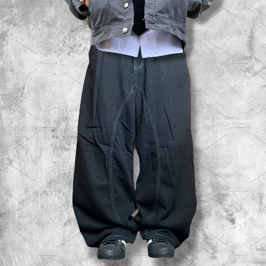 COLLAVO) JET BLACK GREEN STITCHES BAGGY JEANS, Men's Fashion, Bottoms ...
