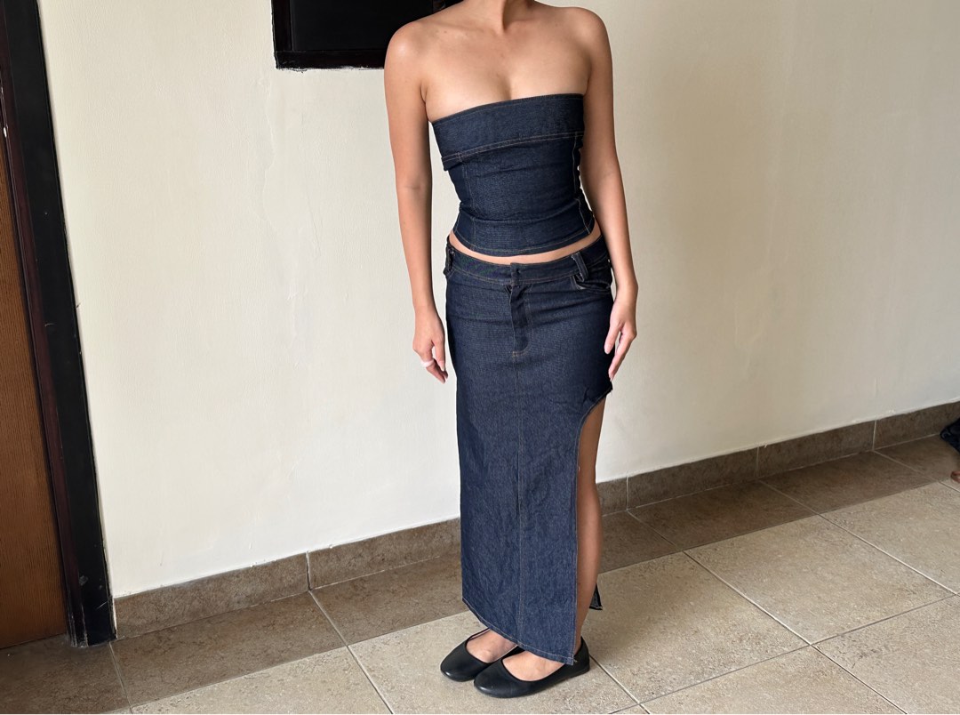 Kemben dan rok jeans not zara hnm uniqlo mango, Fesyen Wanita, Pakaian ...