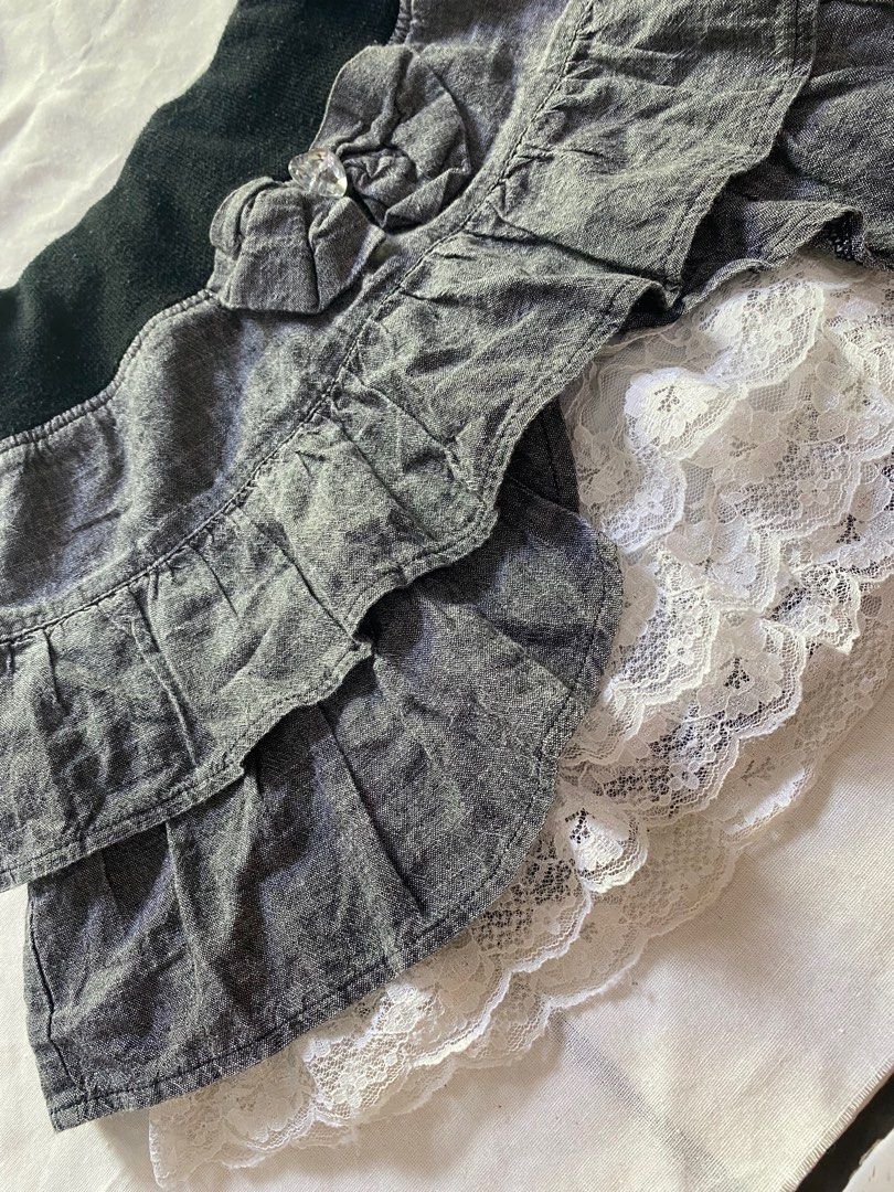 mini skirt grey lace ribbon kawaii lolita layers dollete rare coquette ...