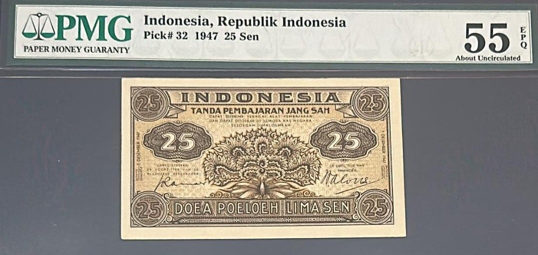 1947 Indonesia 25sen note PMG 55EPQ, Hobbies & Toys, Memorabilia ...