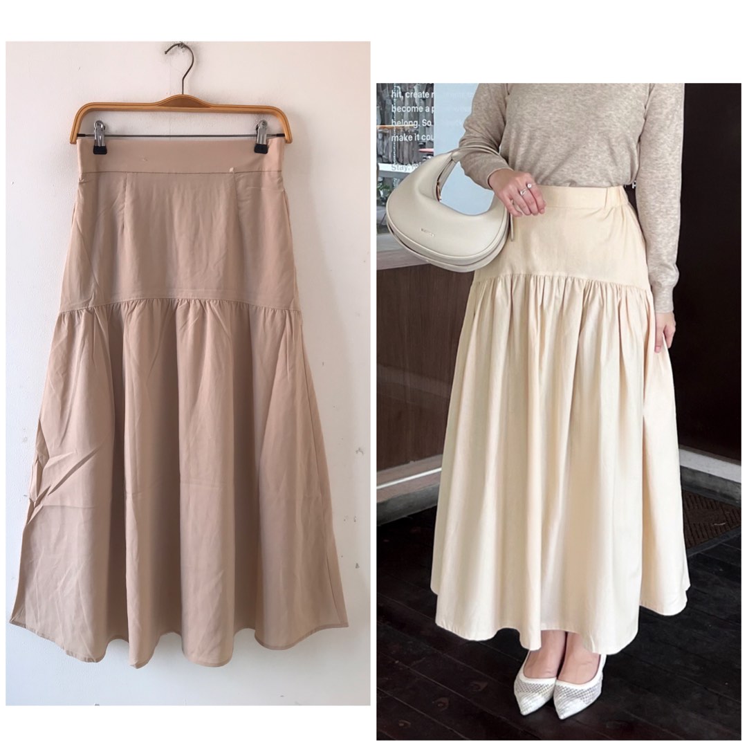 Gu by Uniqlo Skirt Maxi Highwaist Flare Cream L, Fesyen Wanita, Pakaian ...