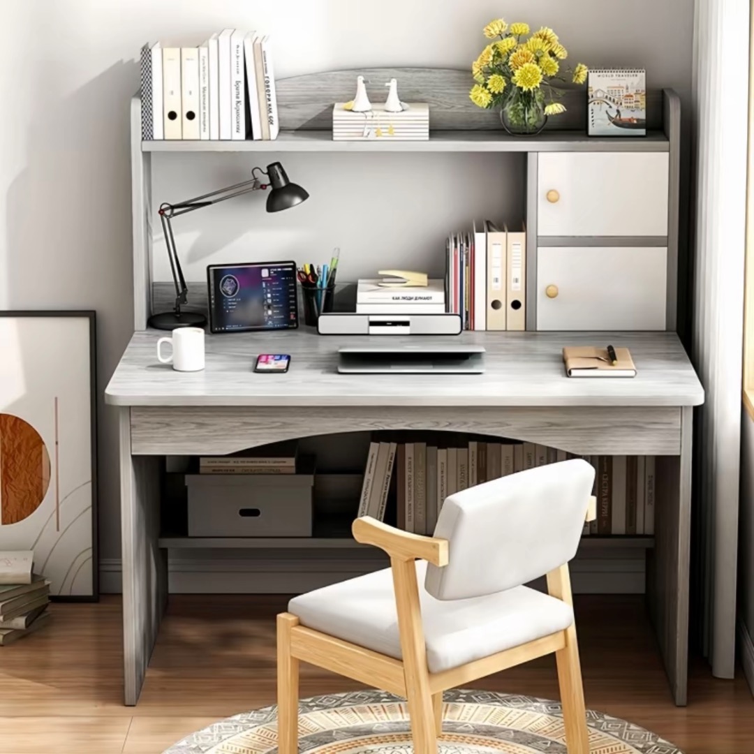 Modern Grey Study Desk | Desk With Upper Shelf | Bookshelf Workstation ...