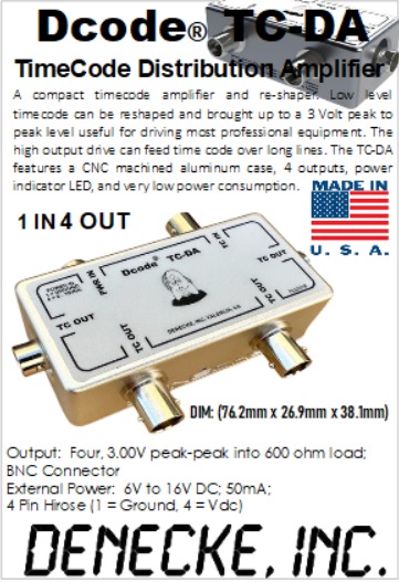 DENECKE TC-DA COMPACT TIMECODE DISTRIBUTION AMPLIFIER 1 IN 4 OUT FOR ...