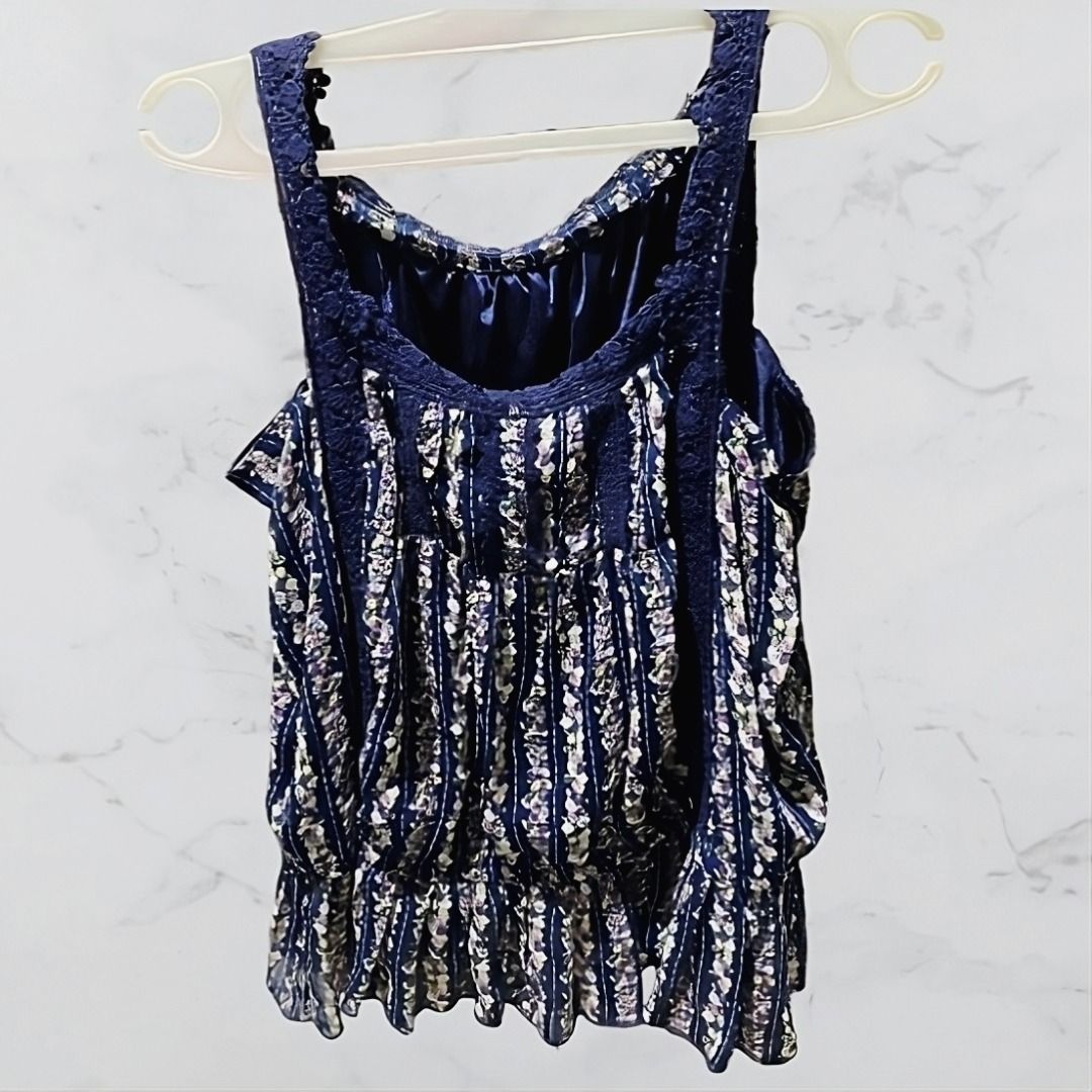 Premium Ruffle-Hem Tanktop Tali Renda Big Size XL-XXL Navy Biru Tua Motif Bunga Coquette Bahan ...
