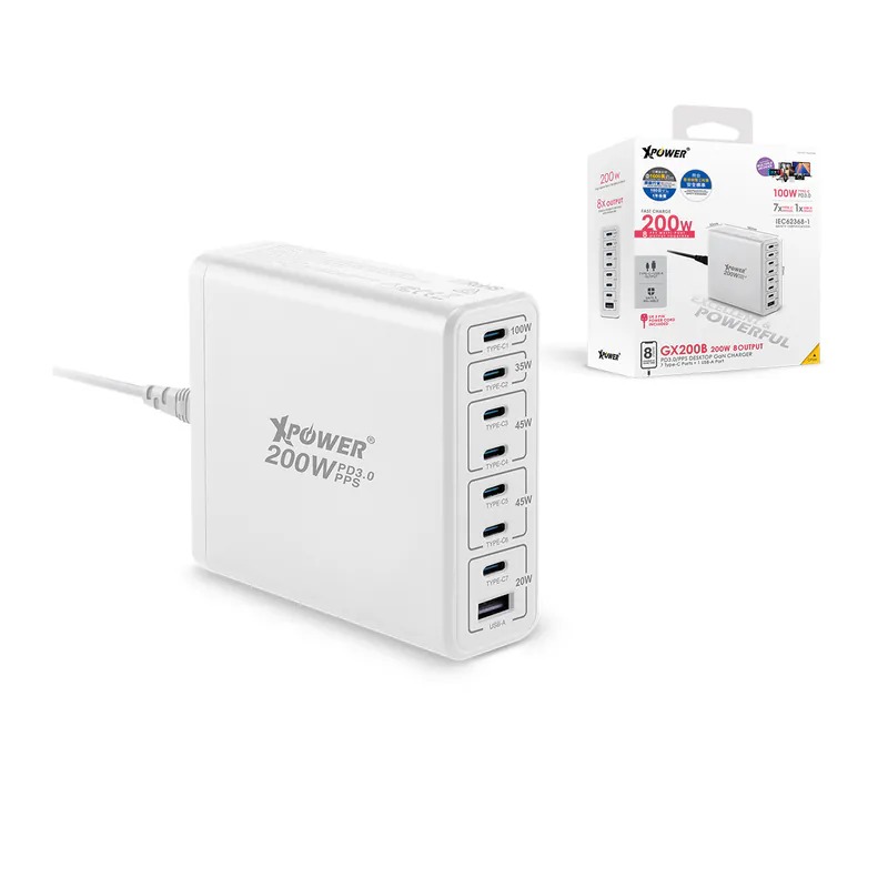 [WH][200w] Xpower XP-GX200B 0231 7xType-C+1xUSB-A USB Charger Station, 電腦＆科技, 電腦周邊及配件, 電腦線、轉接線及 ...