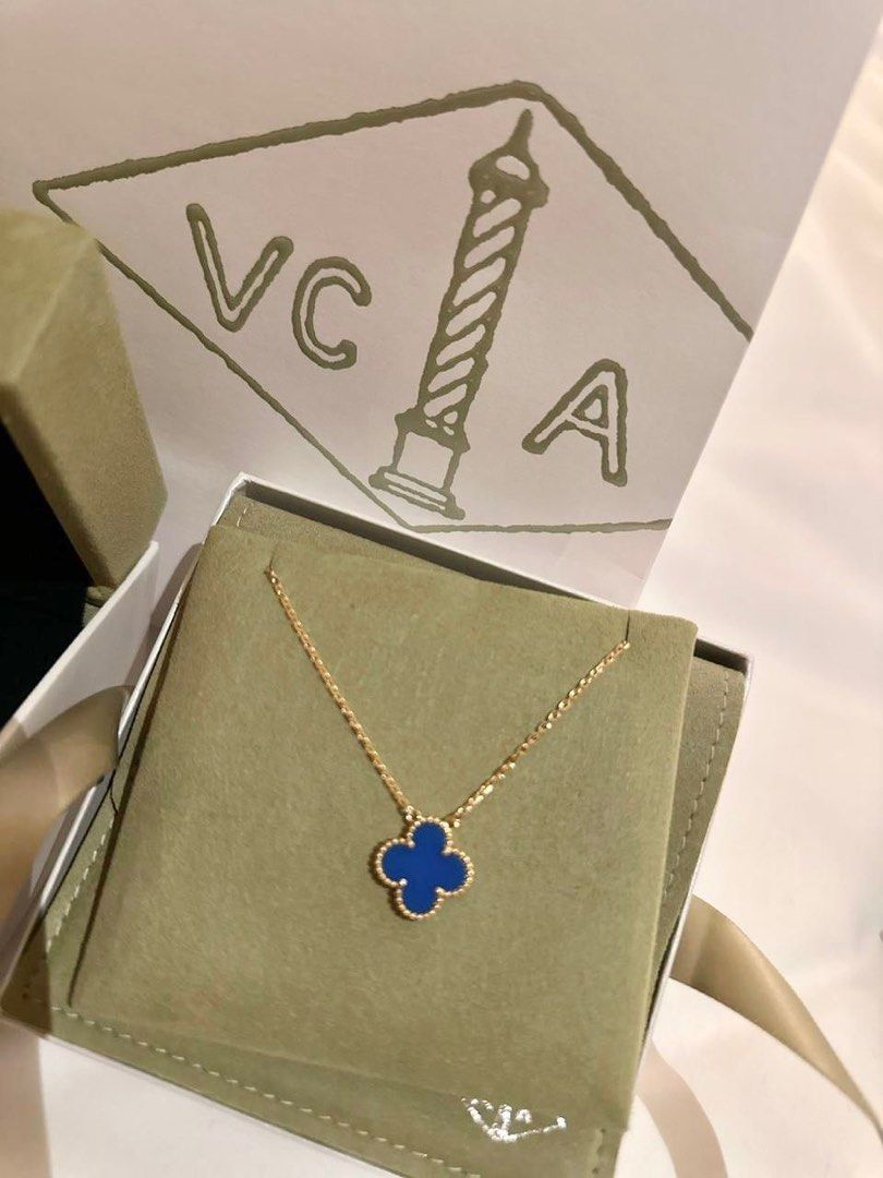 63,5 jt Bnib van cleef VCA vintage alhambra blue agate Gold chain ...