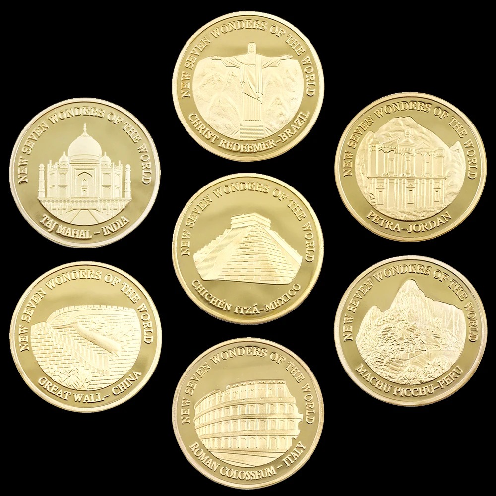 7pcs / Set Seven Wonders Challenge Coin Gold Plated Badge World ...