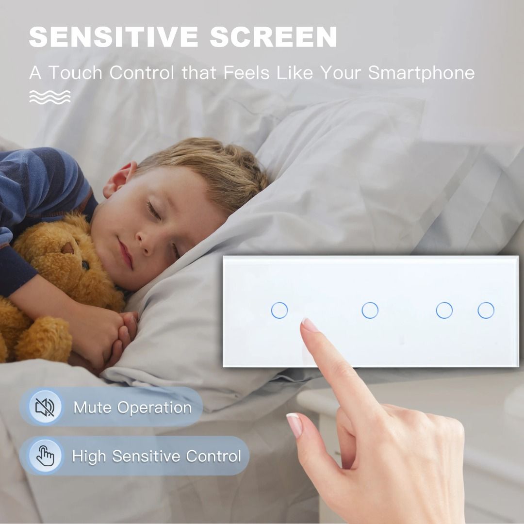 BSEED Touch Switches 1/2/3Gang 1Way Wall Light Switches Blue LED Backlight Glass Sensor Screen ...