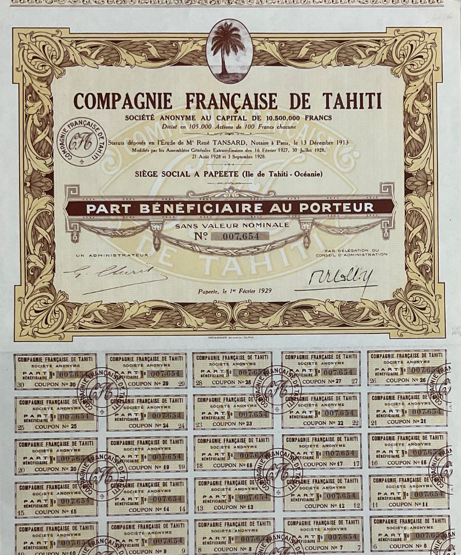 FRENCH POLYNESIA (TAHITI) Preffered Share of 1929 Compagnie Française ...