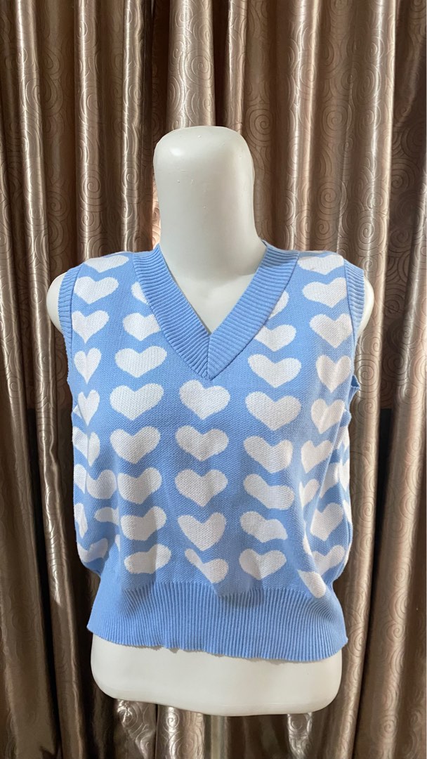 Soft Baby Blue Heart Pattern Knit Vest - Rompi Rajut Love Korea Bkk ...