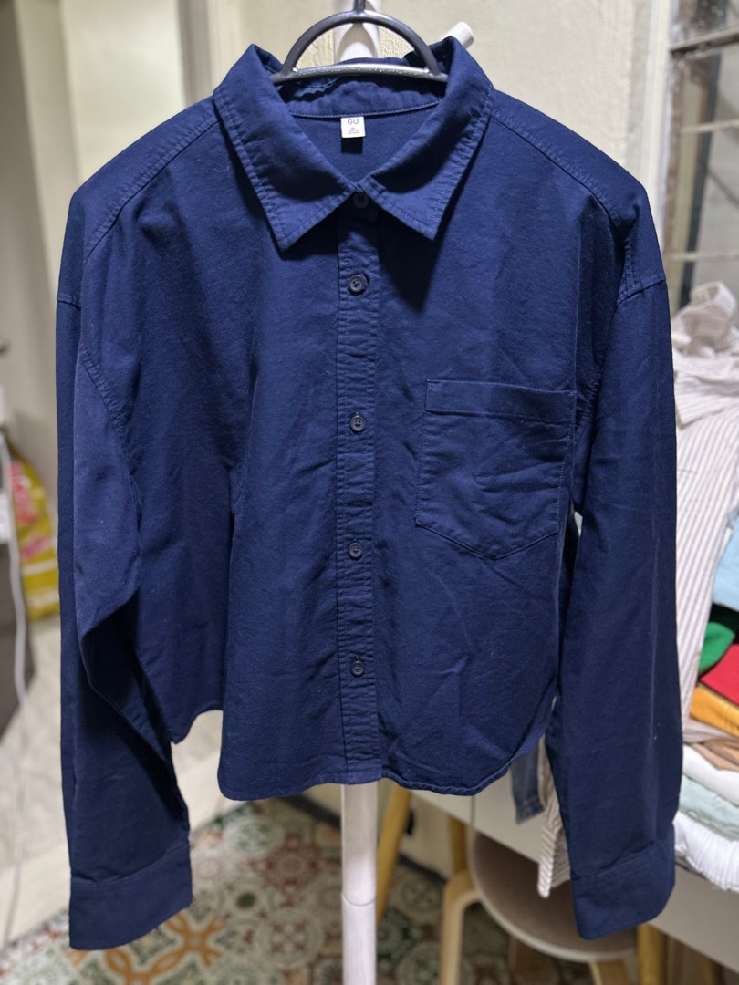 GU Polo From Japan Longsleeves Brown and Blue, Women's Fashion, Tops ...