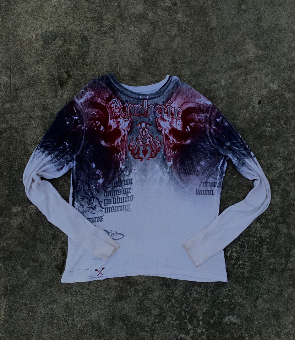 Rare Thermal Archaic by Affliction Skull Sweater, Men's Fashion, Tops ...