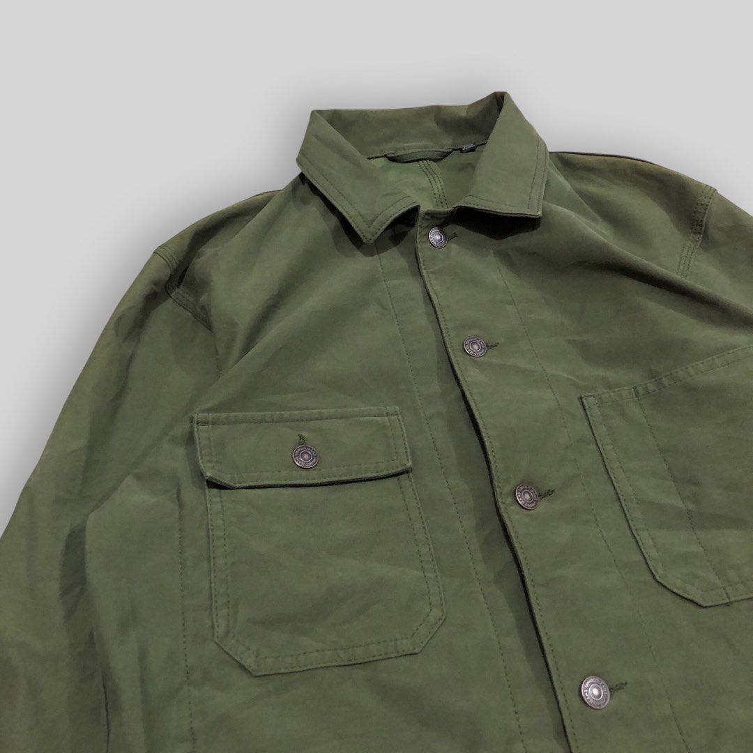 UNIQLO Men's Washed Jersey Military Utility/Work Jacket in Dark Green ...